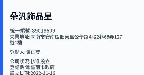朵汎飾品星的照片-統編 89019609(臺南市) 公司登記資料與營業項目詳細圖表