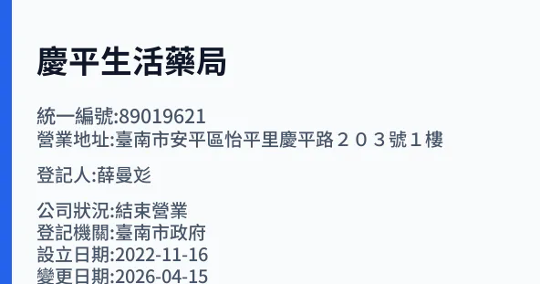 慶平生活藥局的照片-統編 89019621(臺南市) 公司登記資料與營業項目詳細圖表