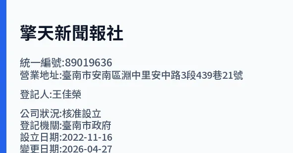 擎天新聞報社的照片-統編 89019636(臺南市) 公司登記資料與營業項目詳細圖表
