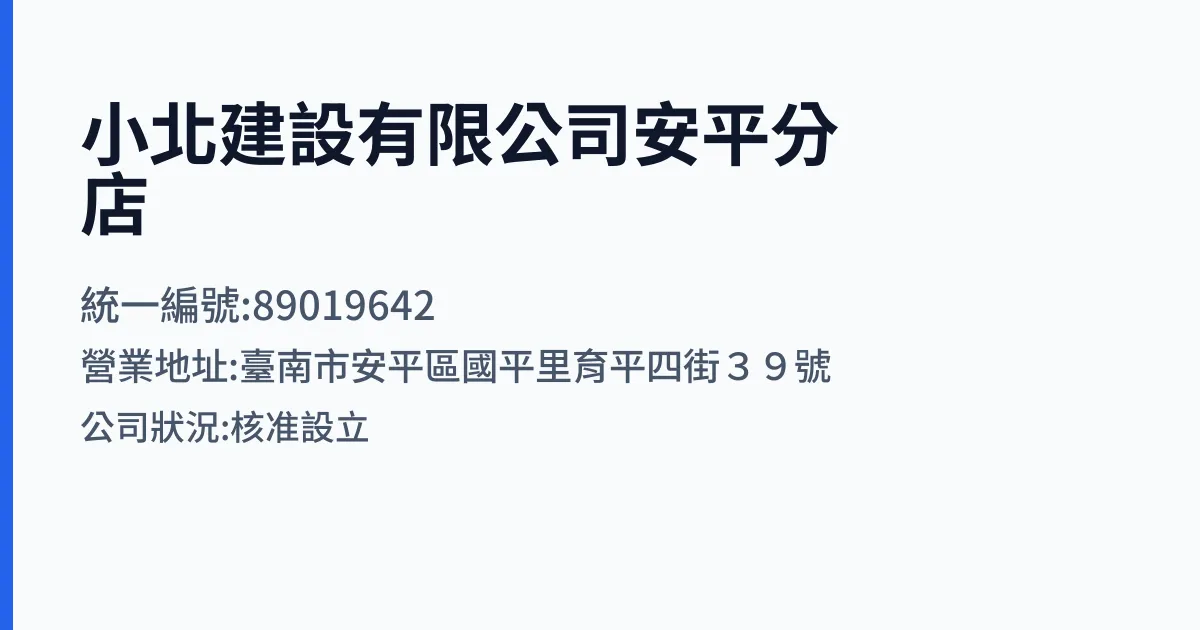 小北建設有限公司安平分店 - 統編 89019642(臺南市) 公司登記資料與營業項目詳細圖表