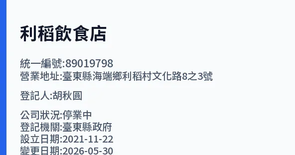 利稻飲食店的照片-統編 89019798(臺東縣) 公司登記資料與營業項目詳細圖表