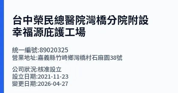 台中榮民總醫院灣橋分院附設幸福源庇護工場的照片-統編 89020325(嘉義縣) 公司登記資料與營業項目詳細圖表