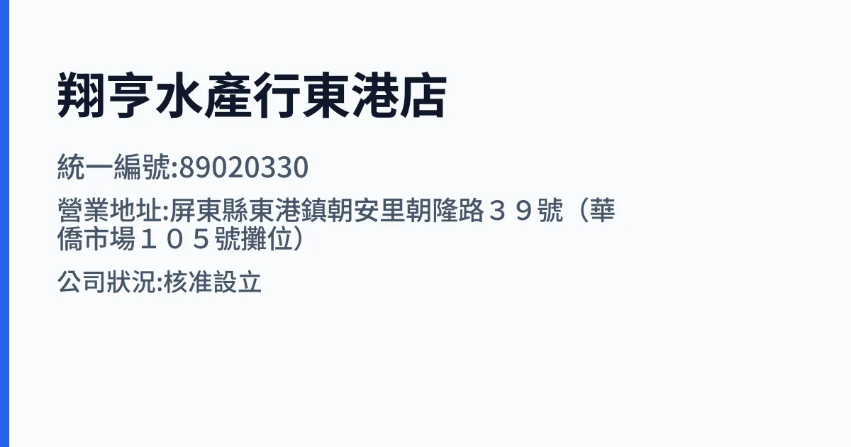 翔亨水產行東港店 - 統編 89020330(屏東縣) 公司登記資料與營業項目詳細圖表