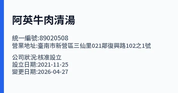 阿英牛肉清湯的照片-統編 89020508(臺南市) 公司登記資料與營業項目詳細圖表