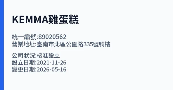 KEMMA雞蛋糕的照片-統編 89020562(臺南市) 公司登記資料與營業項目詳細圖表