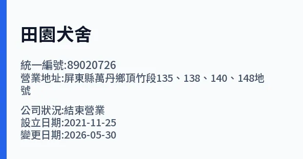 田園犬舍的照片-統編 89020726(屏東縣) 公司登記資料與營業項目詳細圖表
