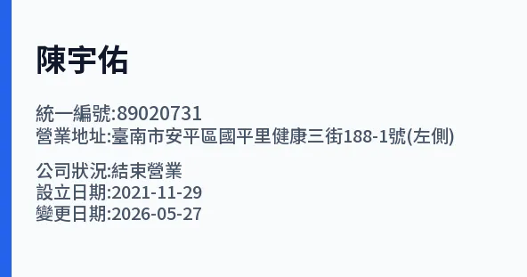 陳宇佑的照片-統編 89020731(臺南市) 公司登記資料與營業項目詳細圖表