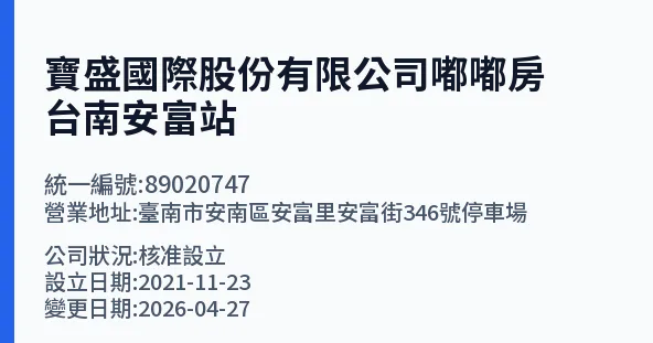 寶盛國際股份有限公司嘟嘟房台南安富站的照片-統編 89020747(臺南市) 公司登記資料與營業項目詳細圖表