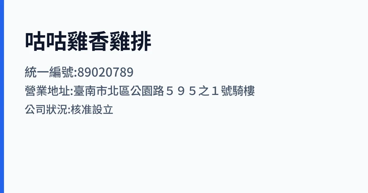 咕咕雞香雞排 - 統編 89020789(臺南市) 公司登記資料與營業項目詳細圖表