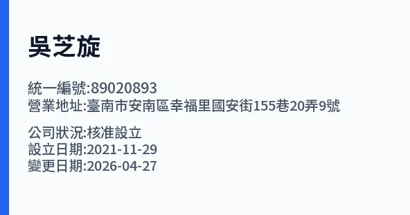 吳芝旋的照片-統編 89020893(臺南市) 公司登記資料與營業項目詳細圖表