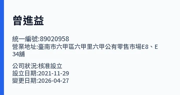 曾進益的照片-統編 89020958(臺南市) 公司登記資料與營業項目詳細圖表