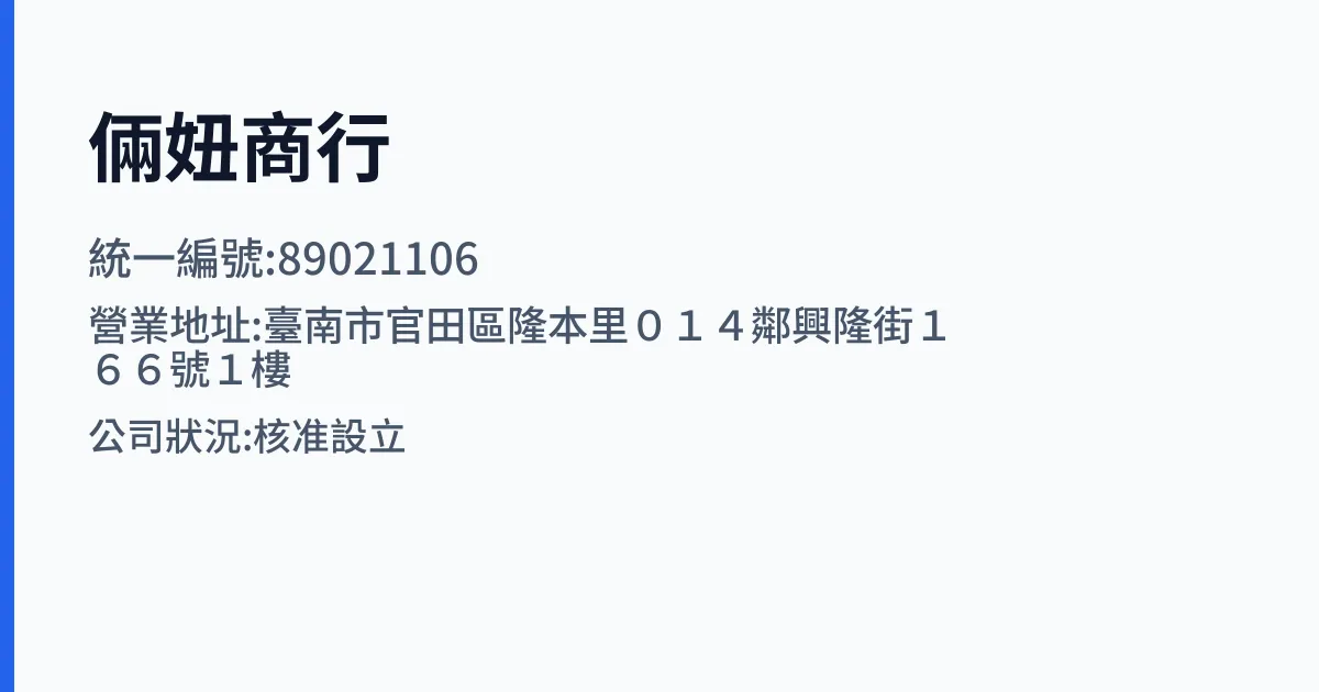 倆妞商行 - 統編 89021106(臺南市) 公司登記資料與營業項目詳細圖表