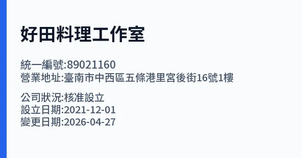 好田料理工作室的照片-統編 89021160(臺南市) 公司登記資料與營業項目詳細圖表