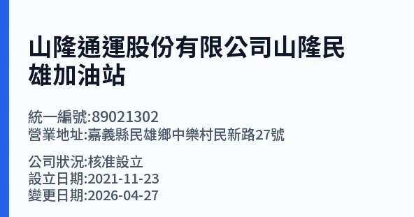 山隆通運股份有限公司山隆民雄加油站的照片-統編 89021302(嘉義縣) 公司登記資料與營業項目詳細圖表