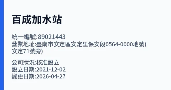 百成加水站的照片-統編 89021443(臺南市) 公司登記資料與營業項目詳細圖表