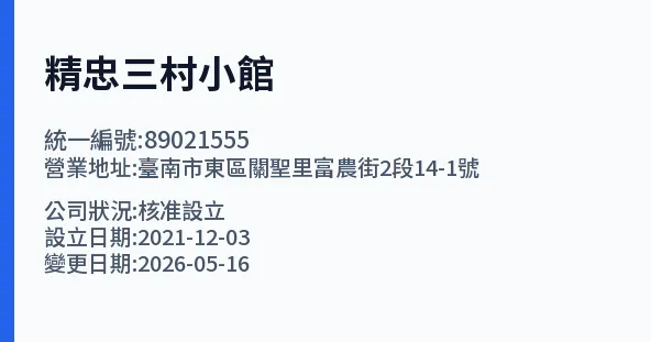 精忠三村小館的照片-統編 89021555(臺南市) 公司登記資料與營業項目詳細圖表