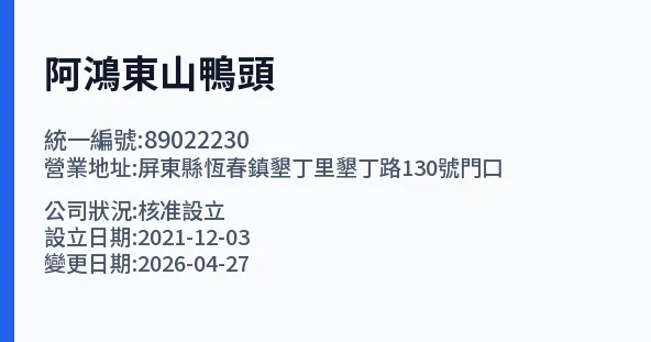 阿鴻東山鴨頭的照片-統編 89022230(屏東縣) 公司登記資料與營業項目詳細圖表