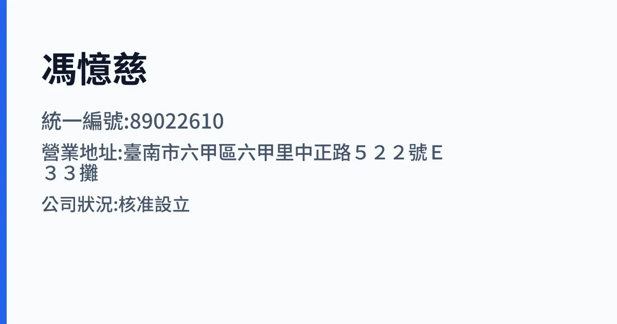 馮憶慈 - 統編 89022610(臺南市) 公司登記資料與營業項目詳細圖表