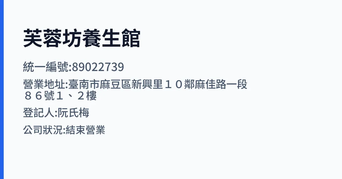 芙蓉坊養生館 - 統編 89022739(臺南市) 公司登記資料與營業項目詳細圖表