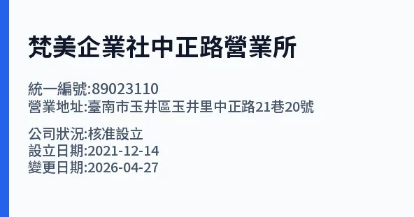 梵美企業社中正路營業所的照片-統編 89023110(臺南市) 公司登記資料與營業項目詳細圖表