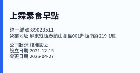上霖素食早點的照片-統編 89023511(屏東縣) 公司登記資料與營業項目詳細圖表