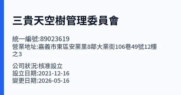 三貴天空樹管理委員會的照片-統編 89023619(嘉義市) 公司登記資料與營業項目詳細圖表