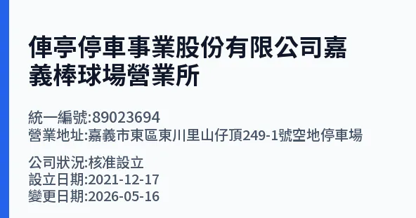 俥亭停車事業股份有限公司嘉義棒球場營業所的照片-統編 89023694(嘉義市) 公司登記資料與營業項目詳細圖表
