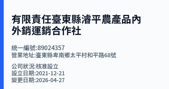 有限責任臺東縣濬平農產品內外銷運銷合作社的照片-統編 89024357(臺東縣) 公司登記資料與營業項目詳細圖表