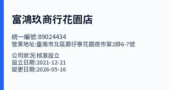 富鴻玖商行花園店的照片-統編 89024434(臺南市) 公司登記資料與營業項目詳細圖表