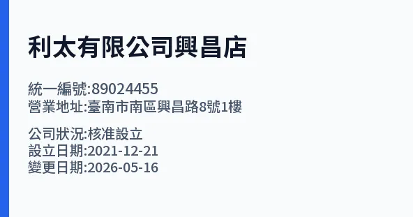 利太有限公司興昌店的照片-統編 89024455(臺南市) 公司登記資料與營業項目詳細圖表