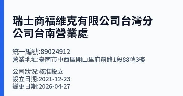 瑞士商福維克有限公司台灣分公司台南營業處的照片-統編 89024912(臺南市) 公司登記資料與營業項目詳細圖表