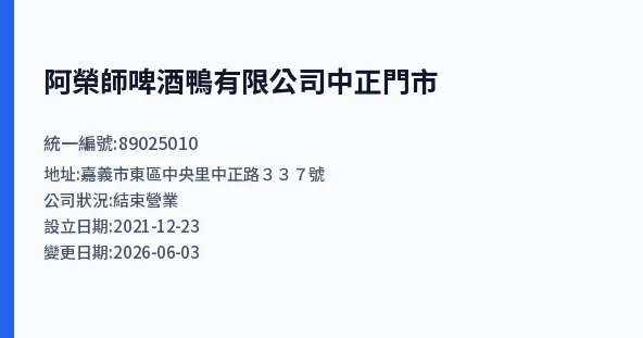 阿榮師啤酒鴨有限公司中正門市的照片-統編 89025010(嘉義市) 公司登記資料與營業項目詳細圖表