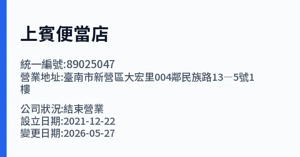 上賓便當店的照片-統編 89025047(臺南市) 公司登記資料與營業項目詳細圖表