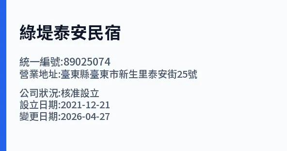 綠堤泰安民宿的照片-統編 89025074(臺東縣) 公司登記資料與營業項目詳細圖表