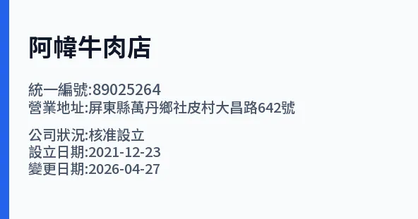 阿幃牛肉店的照片-統編 89025264(屏東縣) 公司登記資料與營業項目詳細圖表