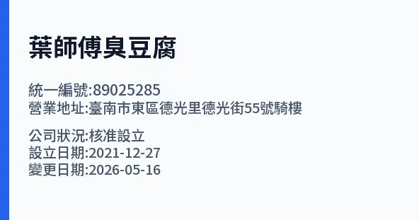 葉師傅臭豆腐的照片-統編 89025285(臺南市) 公司登記資料與營業項目詳細圖表
