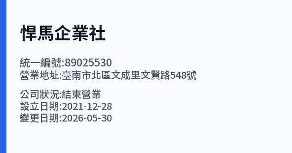 悍馬企業社的照片-統編 89025530(臺南市) 公司登記資料與營業項目詳細圖表