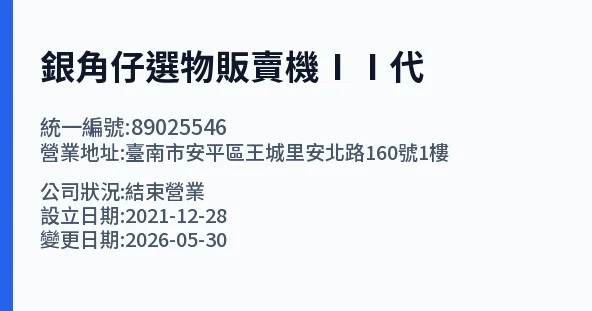 銀角仔選物販賣機ⅠⅠ代的照片-統編 89025546(臺南市) 公司登記資料與營業項目詳細圖表