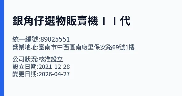 銀角仔選物販賣機ⅠⅠ代的照片-統編 89025551(臺南市) 公司登記資料與營業項目詳細圖表