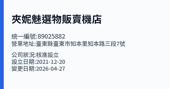 夾妮魅選物販賣機店的照片-統編 89025882(臺東縣) 公司登記資料與營業項目詳細圖表