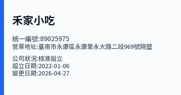 禾家小吃的照片-統編 89025975(臺南市) 公司登記資料與營業項目詳細圖表