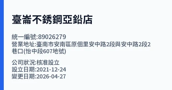 臺崙不銹鋼亞鉛店的照片-統編 89026279(臺南市) 公司登記資料與營業項目詳細圖表