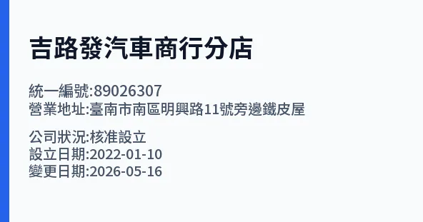 吉路發汽車商行分店的照片-統編 89026307(臺南市) 公司登記資料與營業項目詳細圖表