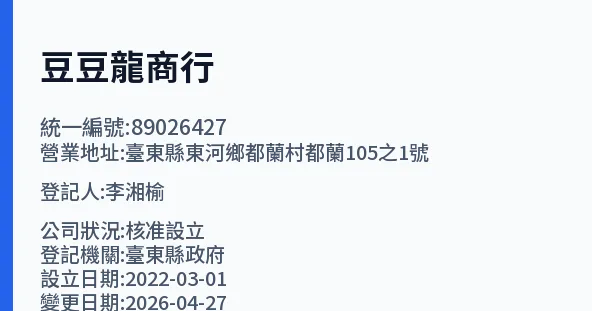 豆豆龍商行的照片-統編 89026427(臺東縣) 公司登記資料與營業項目詳細圖表