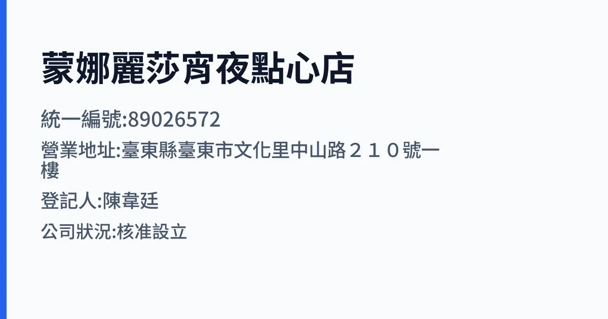 蒙娜麗莎宵夜點心店 - 統編 89026572(臺東縣) 公司登記資料與營業項目詳細圖表