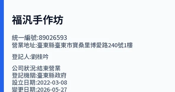 福汎手作坊的照片-統編 89026593(臺東縣) 公司登記資料與營業項目詳細圖表