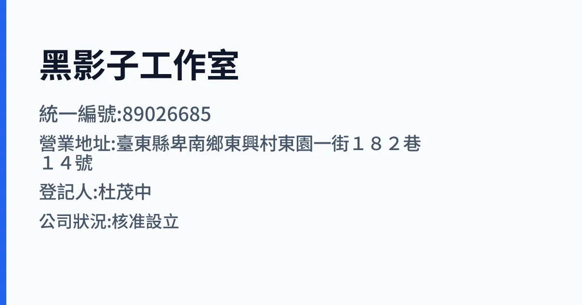 黑影子工作室 - 統編 89026685（臺東縣） 公司登記資料與營業項目詳細圖表