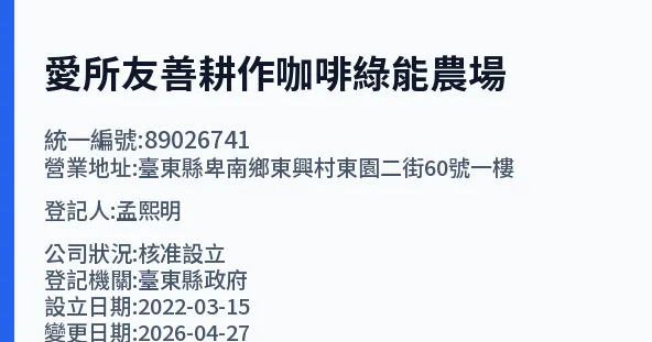 愛所友善耕作咖啡綠能農場的照片-統編 89026741(臺東縣) 公司登記資料與營業項目詳細圖表