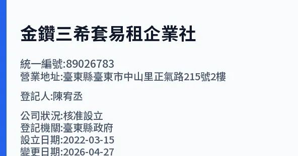 金鑽三希套易租企業社的照片-統編 89026783(臺東縣) 公司登記資料與營業項目詳細圖表