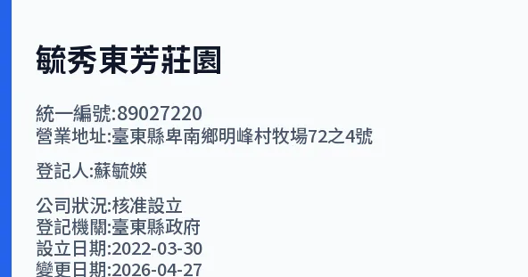 毓秀東芳莊園的照片-統編 89027220(臺東縣) 公司登記資料與營業項目詳細圖表